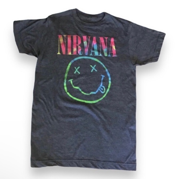 NIRVANA | Tops | Nirvana Iconic Smile Face Logo Tee Shirt Charcoal Grey | Poshmark